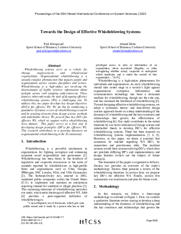 (PDF) Towards the Design of Effective Whistleblowing Systems