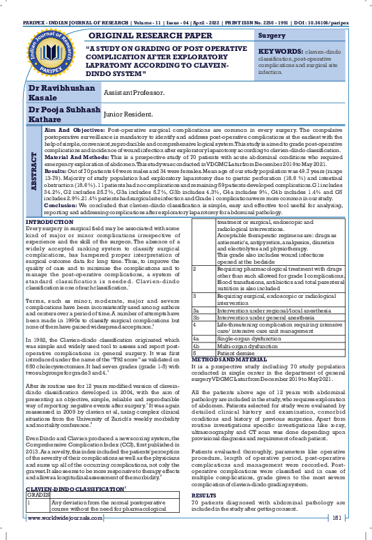 (PDF) “A Study on Grading of Post Operative Complication After ...