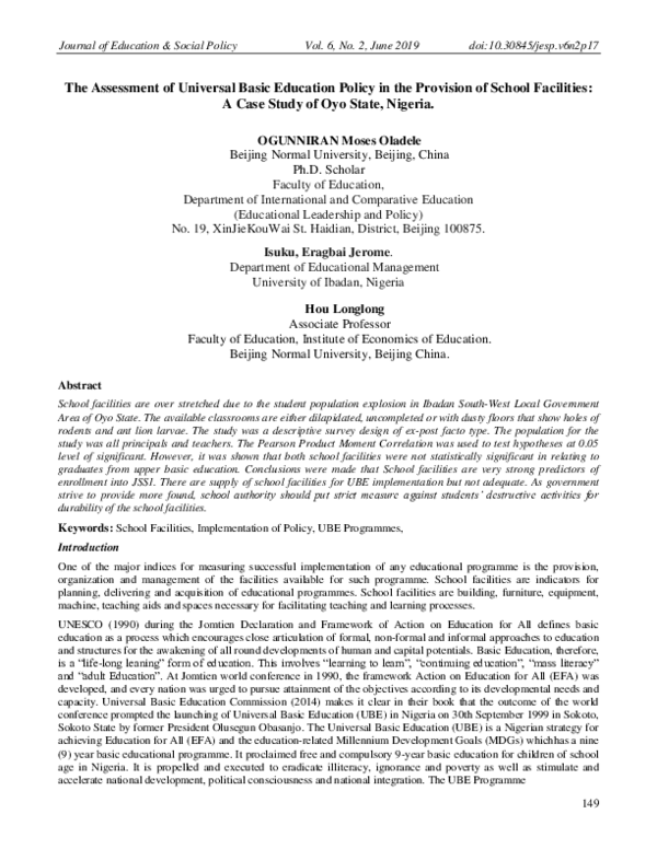 (PDF) The Assessment of Universal Basic Education Policy in the Provision of School Facilities ...