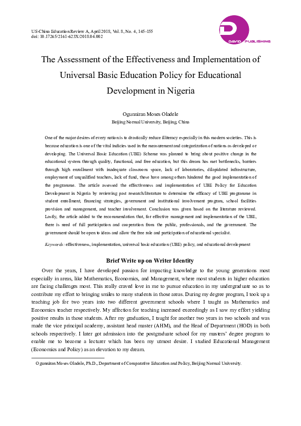 (PDF) The Assessment of the Effectiveness and Implementation of Universal Basic Education Policy ...