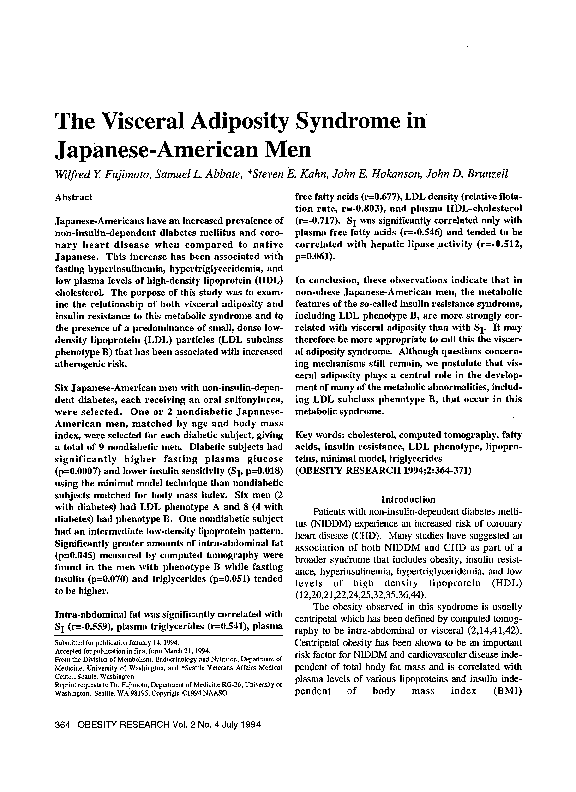 (PDF) The Visceral Adiposity Syndrome in Japanese-American Men