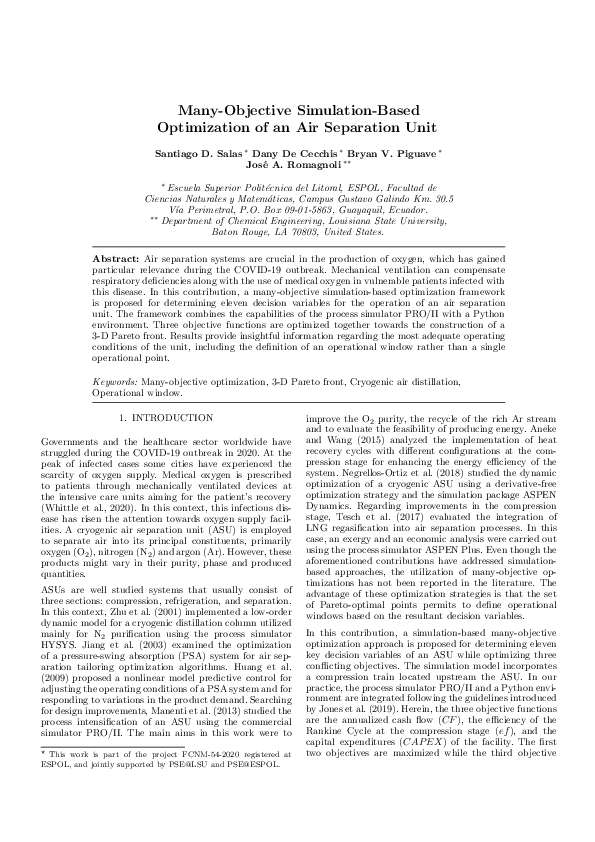 (PDF) Many-Objective Simulation-Based Optimization of an Air Separation Unit | Santiago Salas ...