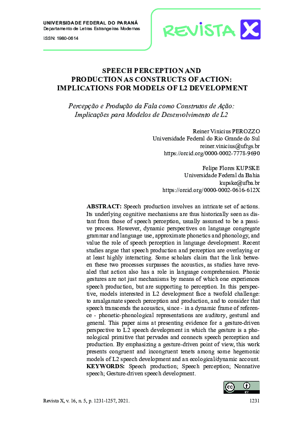 (PDF) Speech perception and production as constructs of action: Implications for models of L2 ...
