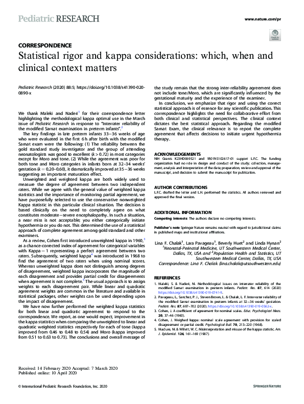 (PDF) Statistical rigor and kappa considerations: which, when and ...