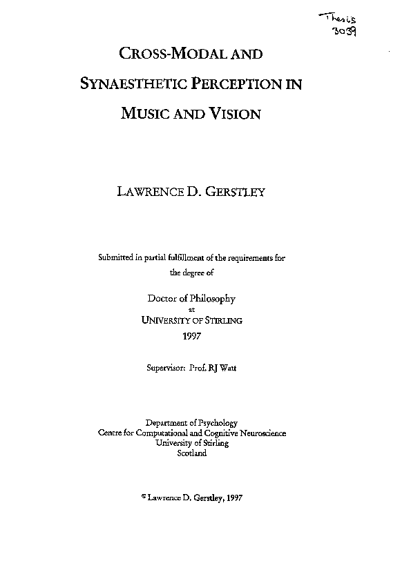Pdf Cross Modal And Synaesthetic Perception In Music And Vision Lawrence Gerstley