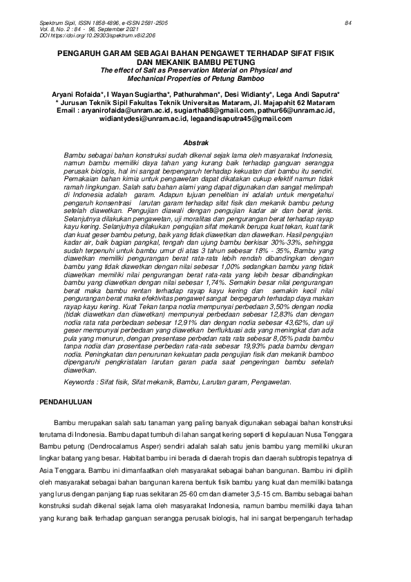 (PDF) Pengaruh Sifat Fisik Dan Mekanik Bambu Petung Setelah Pengawetan