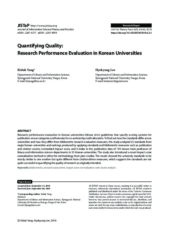 (PDF) Quantifying Quality: Research Performance Evaluation in Korean Universities