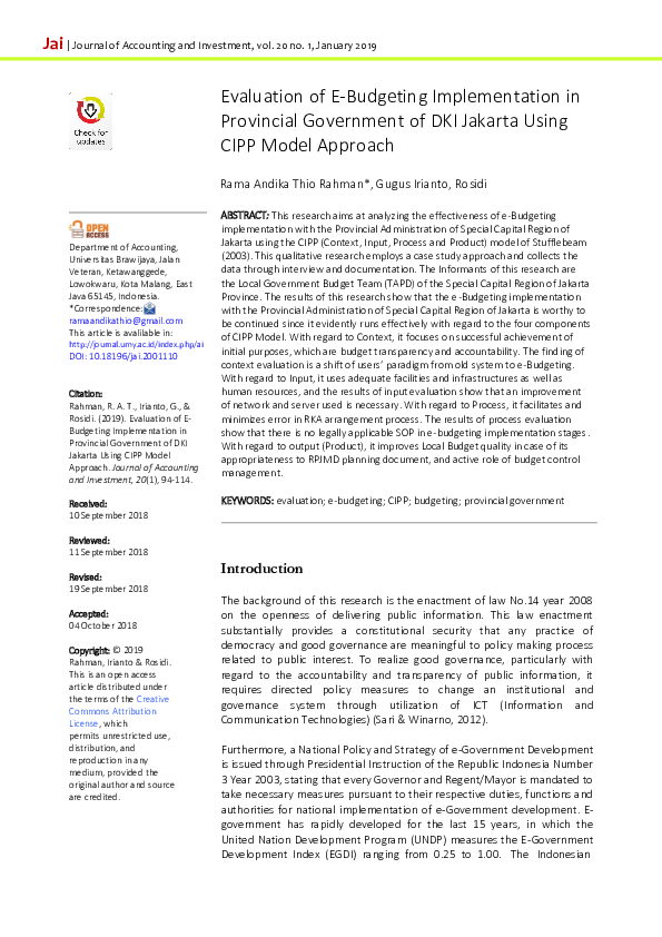 (PDF) Evaluation of E-Budgeting Implementation in Provincial Government ...