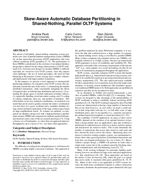 (PDF) Skew-aware automatic database partitioning in shared-nothing, parallel OLTP systems