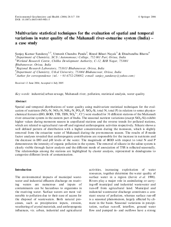 Pdf Multivariate Statistical Techniques For The Evaluation Of Spatial And Temporal Variations