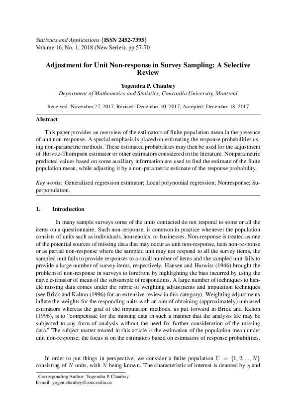 (PDF) Unit Non-response Adjustment in Survey Sampling Estimators