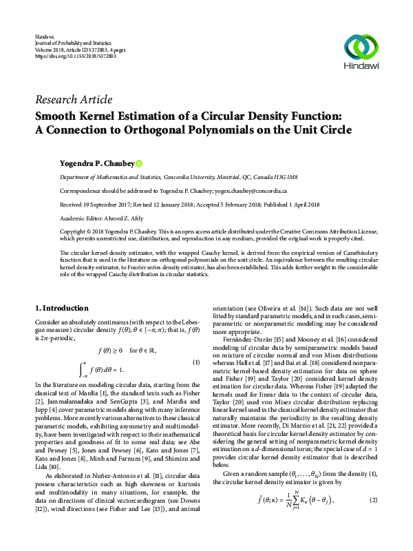 (PDF) Smooth Kernel Estimation of a Circular Density Function: A Connection to Orthogonal ...