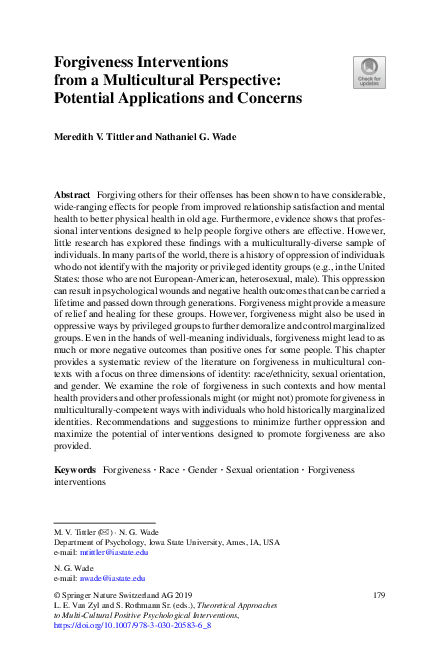 (PDF) Forgiveness Interventions from a Multicultural Perspective: Potential Applications and ...