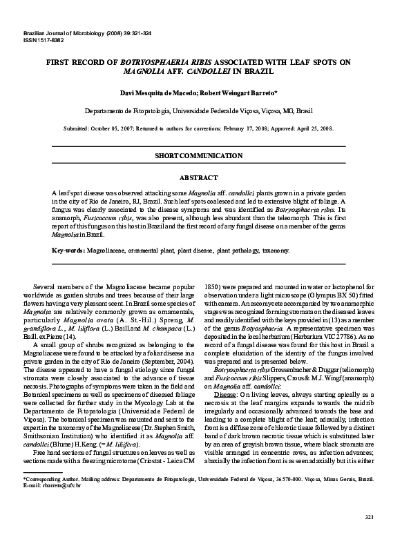 (PDF) First record of Botryosphaeria ribis associated with leaf spots ...