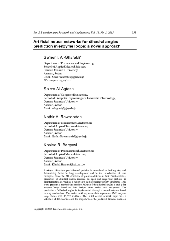 (PDF) Artificial neural networks for dihedral angles prediction in enzyme loops: a novel approach