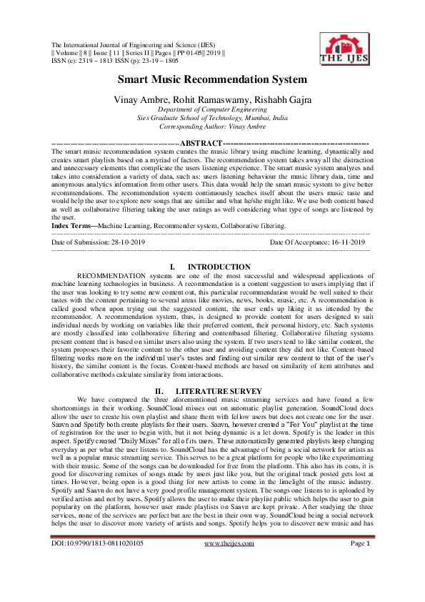 (PDF) Smart Music Recommendation System