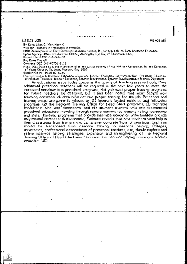 Pdf Help For Teachers In Preschools A Proposal Lilian Katz