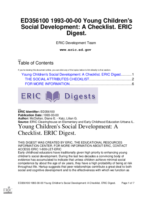 (PDF) Young Children's Social Development: A Checklist. ERIC Digest