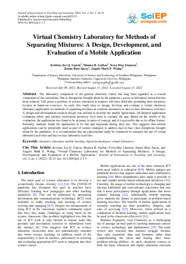 (PDF) Virtual Chemistry Laboratory for Methods of Separating Mixtures: A Design, Development ...