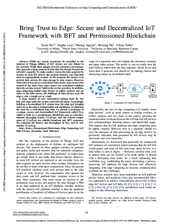 (PDF) Decentralized Trust in IoT with BFT Blockchain