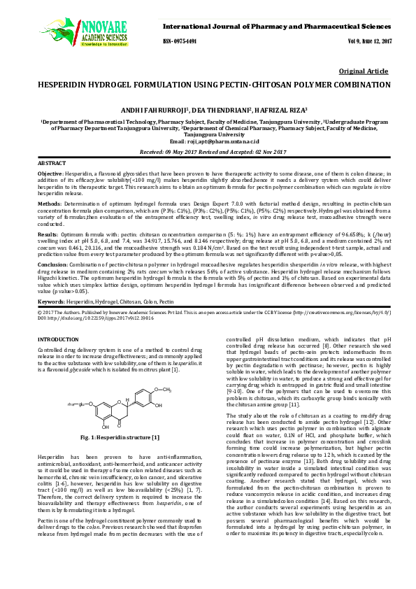 (PDF) Hesperidin Hydrogel Formulation Using Pectin-Chitosan Polymer Combination