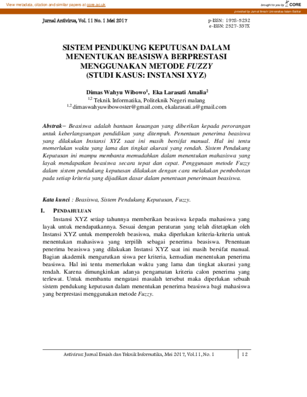 (PDF) Sistem Pendukung Keputusan Dalam Menentukan Beasiswa Berprestasi Menggunakan Metode Fuzzy ...