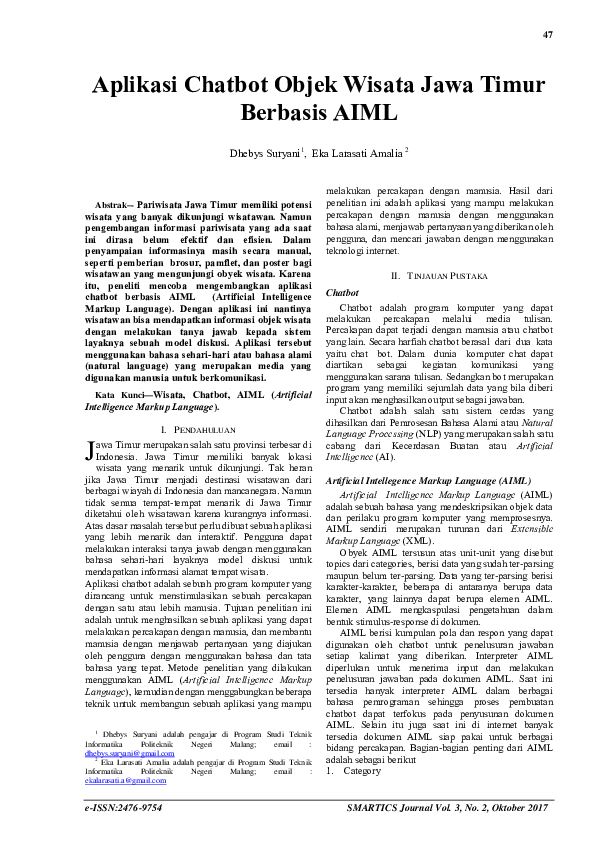 (PDF) Aplikasi Chatbot Objek Wisata Jawa Timur Berbasis AIML