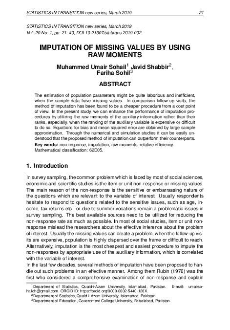 (PDF) Imputation of Missing Values by Using Raw Moments