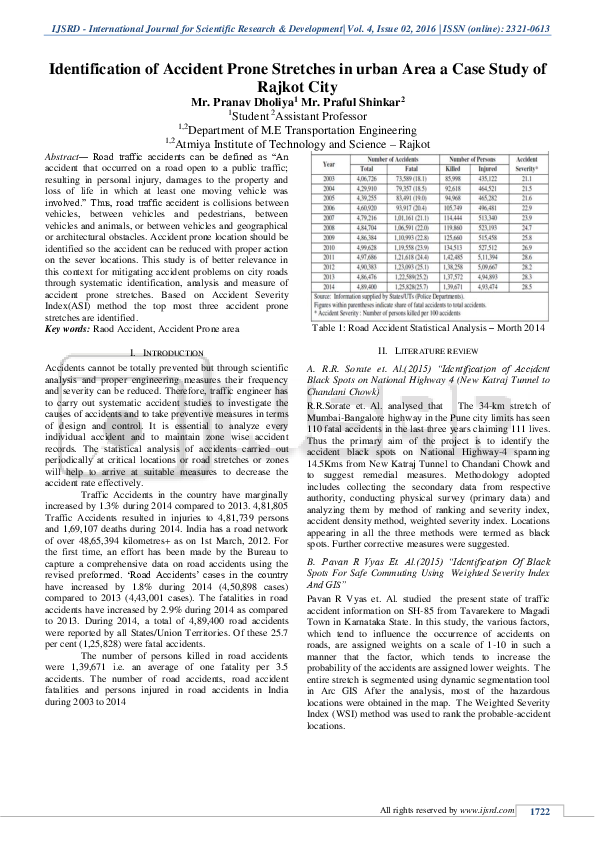(PDF) Identification of Accident Prone Stretches in urban Area a Case ...