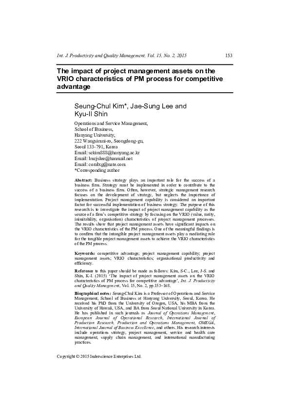 (PDF) The impact of project management assets on the VRIO ...