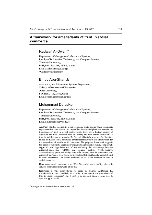 Pdf A Framework For Antecedents Of Trust In Social Commerce