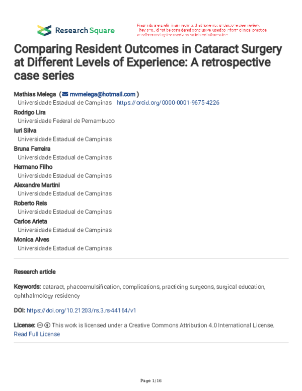 (PDF) Comparing Resident Outcomes in Cataract Surgery at Different ...