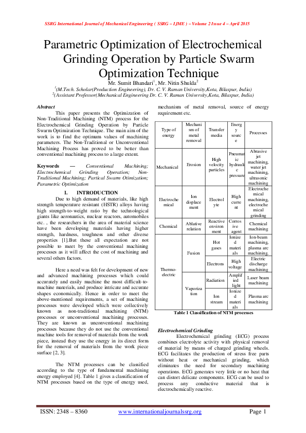 Pdf Parametric Optimization Of Electrochemical Grinding Operation By