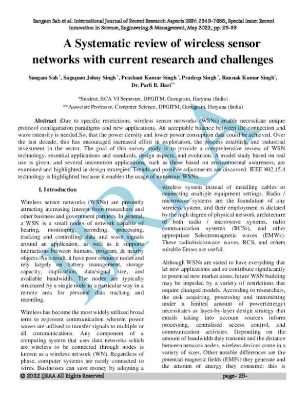 (PDF) A Systematic review of wireless sensor networks with current research and challenges