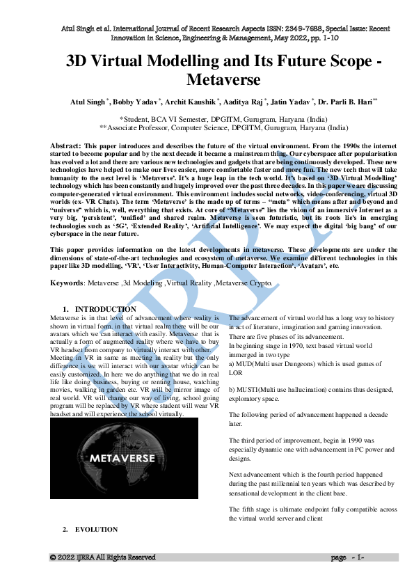 (PDF) 3D Virtual Modelling and Its Future Scope -Metaverse