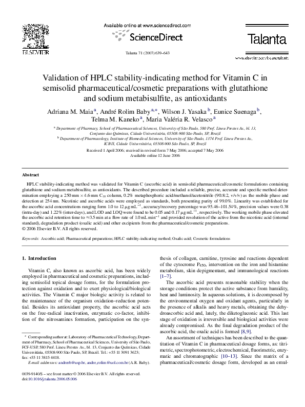 (PDF) Validation of HPLC stability-indicating method for Vitamin C in ...