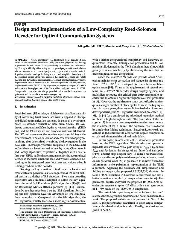 (PDF) Design and Implementation of a Low-Complexity Reed-Solomon ...