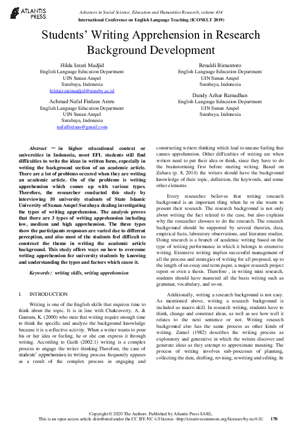 (PDF) Students’ Writing Apprehension in Research Background Development