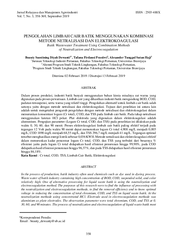 (PDF) Pengolahan Limbah Cair Batik Menggunakan Kombinasi Metode ...