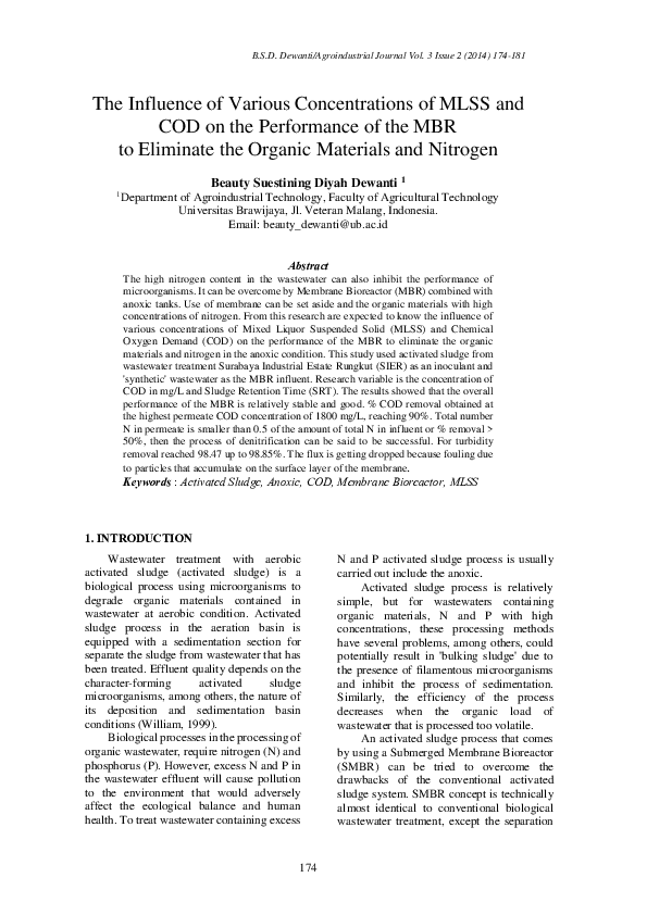 (PDF) The Influence of Various Concentrations of MLSS and COD on the ...
