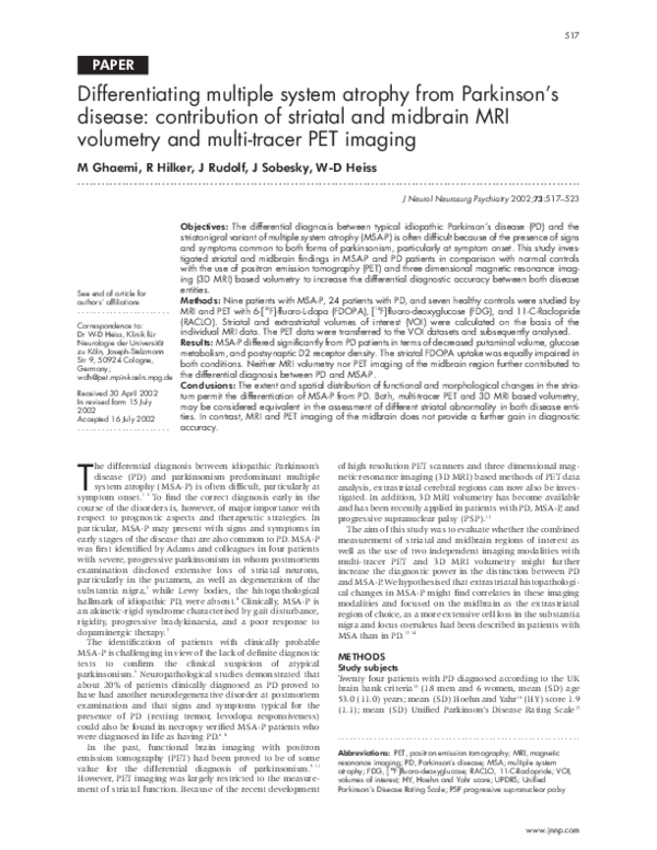 (PDF) Differentiating multiple system atrophy from Parkinson's disease: contribution of striatal ...