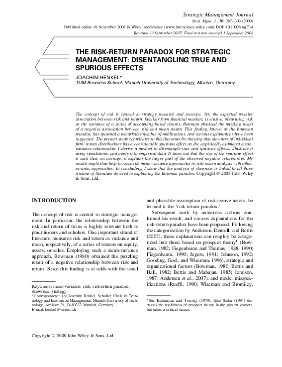 (PDF) The risk-return paradox for strategic management: disentangling ...