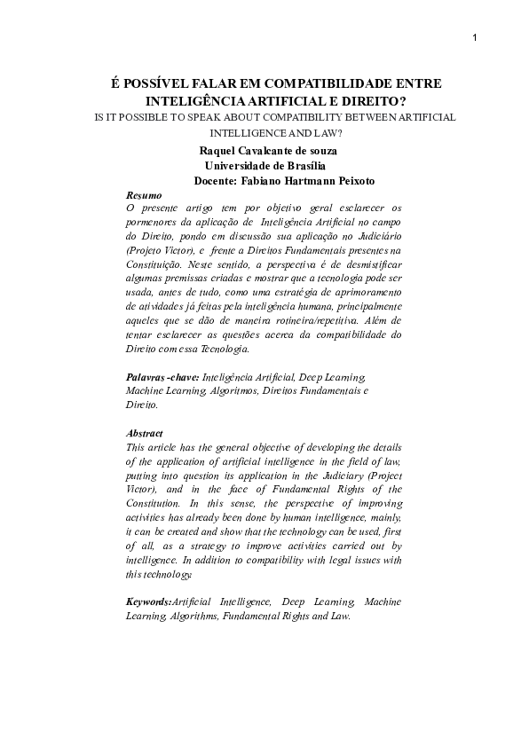 (PDF) É POSSÍVEL FALAR EM COMPATIBILIDADE ENTRE INTELIGÊNCIA ARTIFICIAL E DIREITO