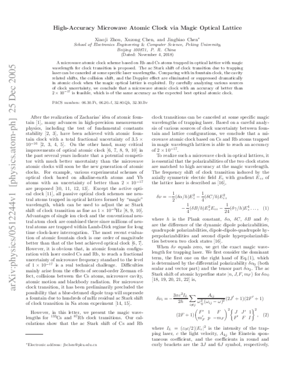 (PDF) High-Accuracy Microwave Atomic Clock via Magic Optical Lattice
