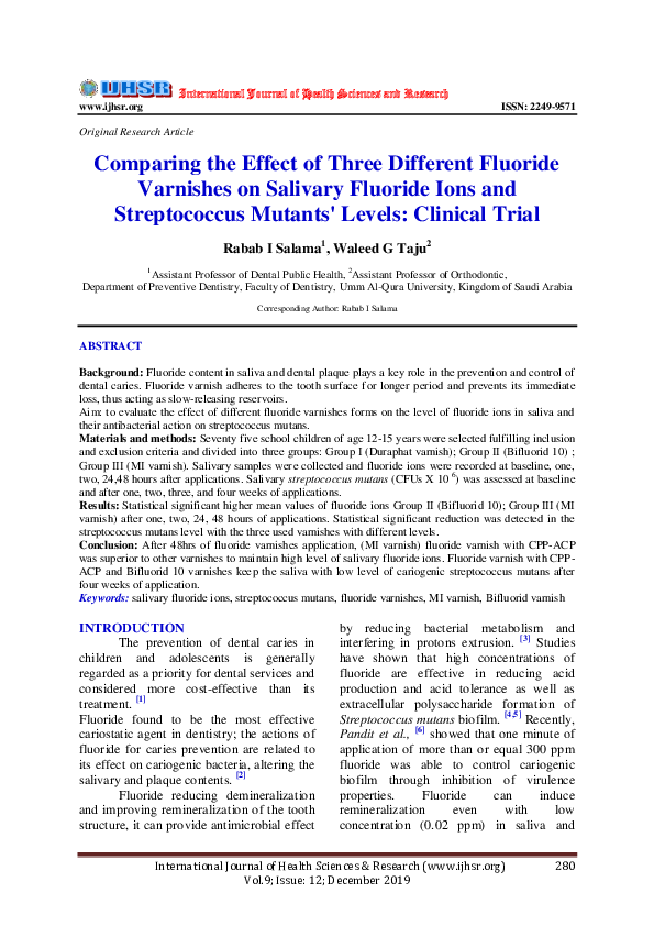 Pdf Comparing The Effect Of Three Different Fluoride Varnishes On Salivary Fluoride Ions And