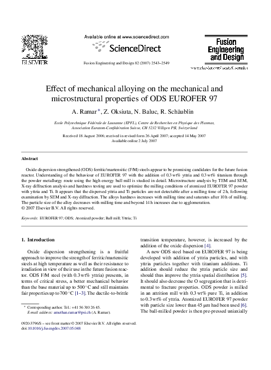 (PDF) Effect of mechanical alloying on the mechanical and microstructural properties of ODS ...