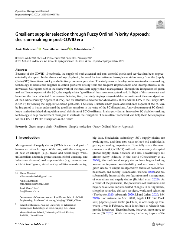 Pdf Gresilient Supplier Selection Through Fuzzy Ordinal Priority Approach Decision Making In
