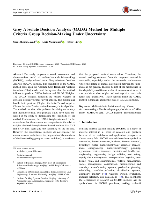 (PDF) Grey Absolute Decision Analysis (GADA) Method for Multiple Criteria Group Decision-Making ...
