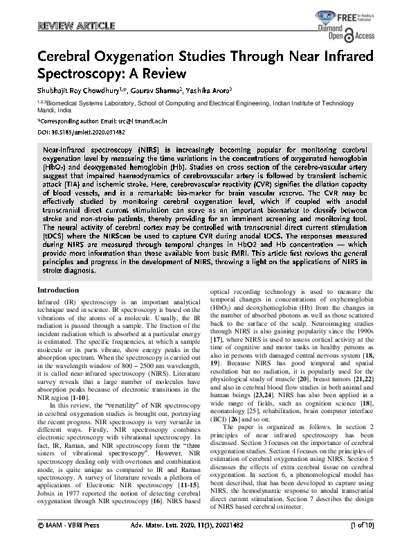 (PDF) Cerebral Oxygenation Studies Through Near Infrared Spectroscopy: A Review