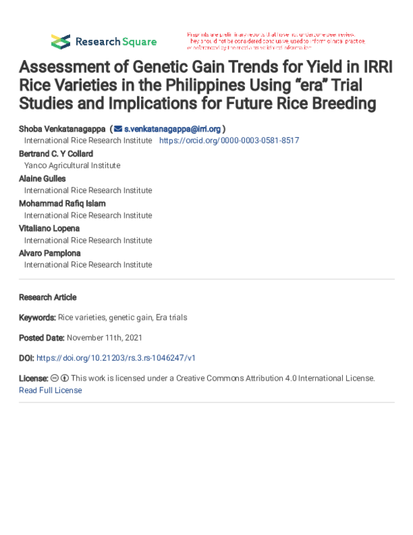 (PDF) Assessment of Genetic Gain Trends for Yield in IRRI Rice ...